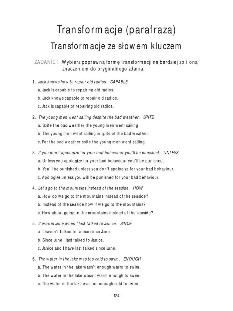 Transformacje (Parafraza) : Transformacje Ze Słowem Kluczem | PDF