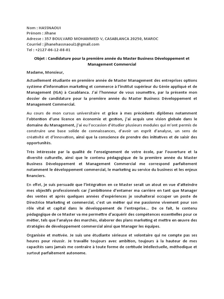 Lettre Master 1 Business Développement Et Management Commercial | PDF ...