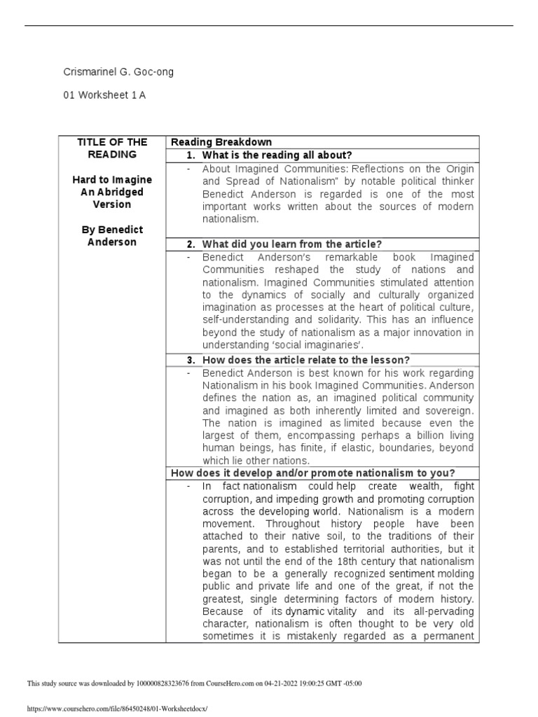 01 Worksheet | PDF | Nationalism | Well Being