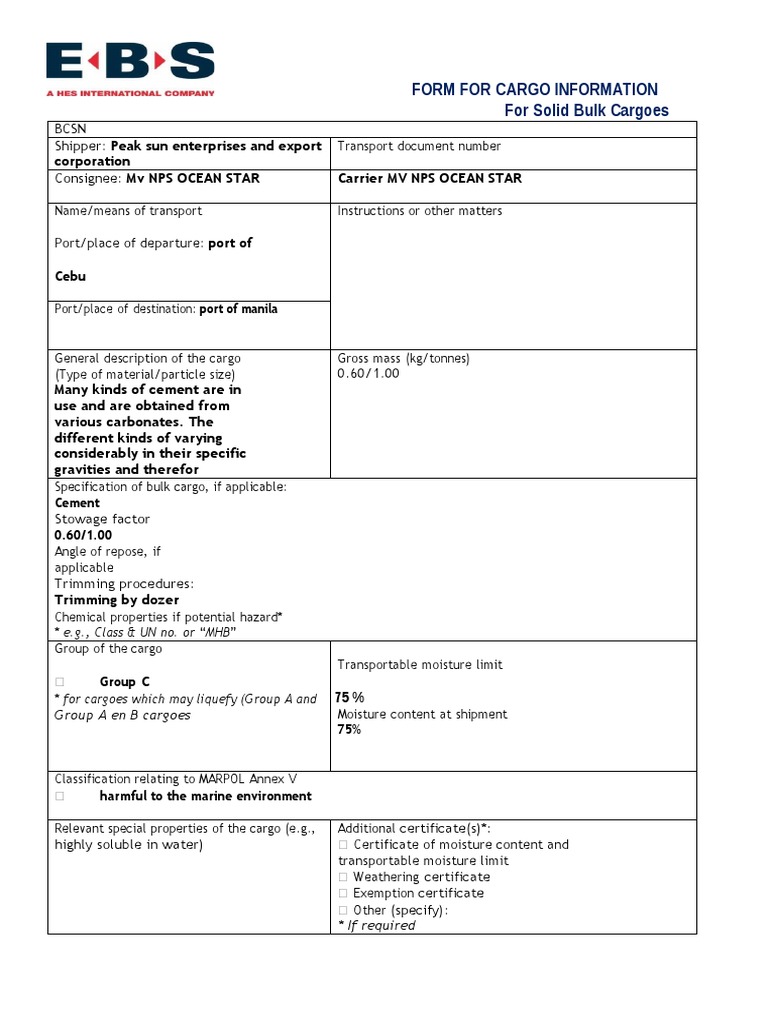 Form For Cargo Information For Solid Bulk Cargoes: Group A en B Cargoes ...
