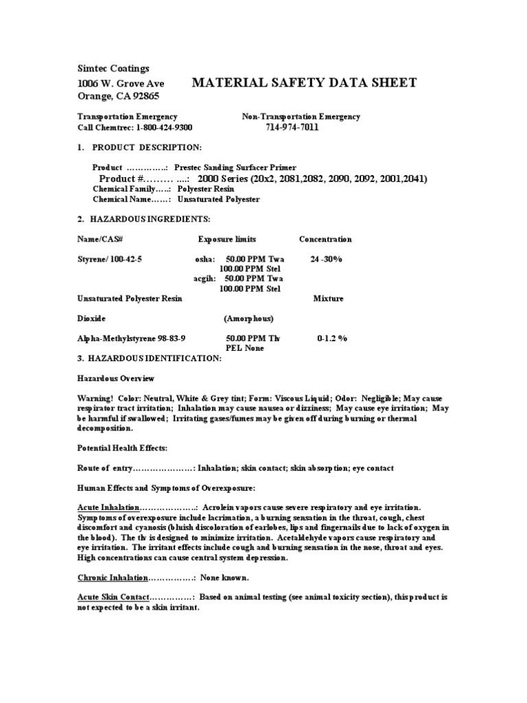 UN1263 MSDS for Prestec Primer | PDF | Dangerous Goods | Volatile ...
