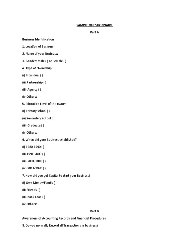 Sample Questionnaire Part A Business Identification | PDF | Business ...