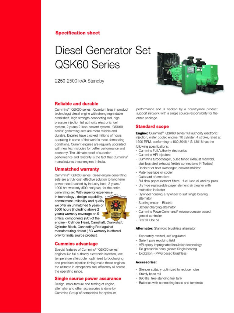 Diesel Generator Set QSK60 Series: Specification Sheet | PDF | Diesel ...
