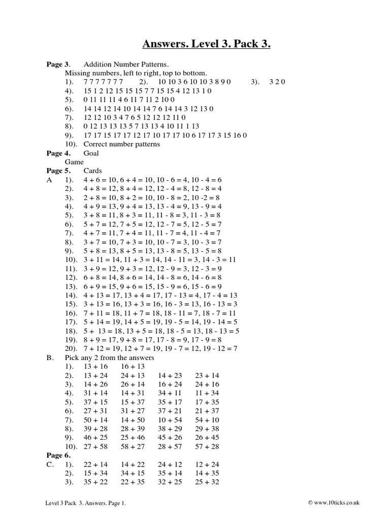 © Www.10ticks - Co.uk Level 3 Pack 3. Answers. Page 1 | PDF ...