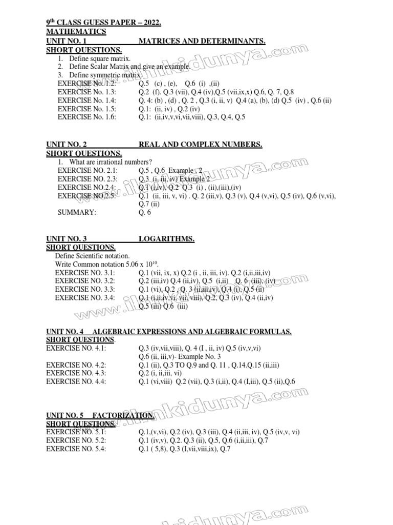 9th Class Math Guess Paper 2022 | PDF | Triangle | Matrix (Mathematics)