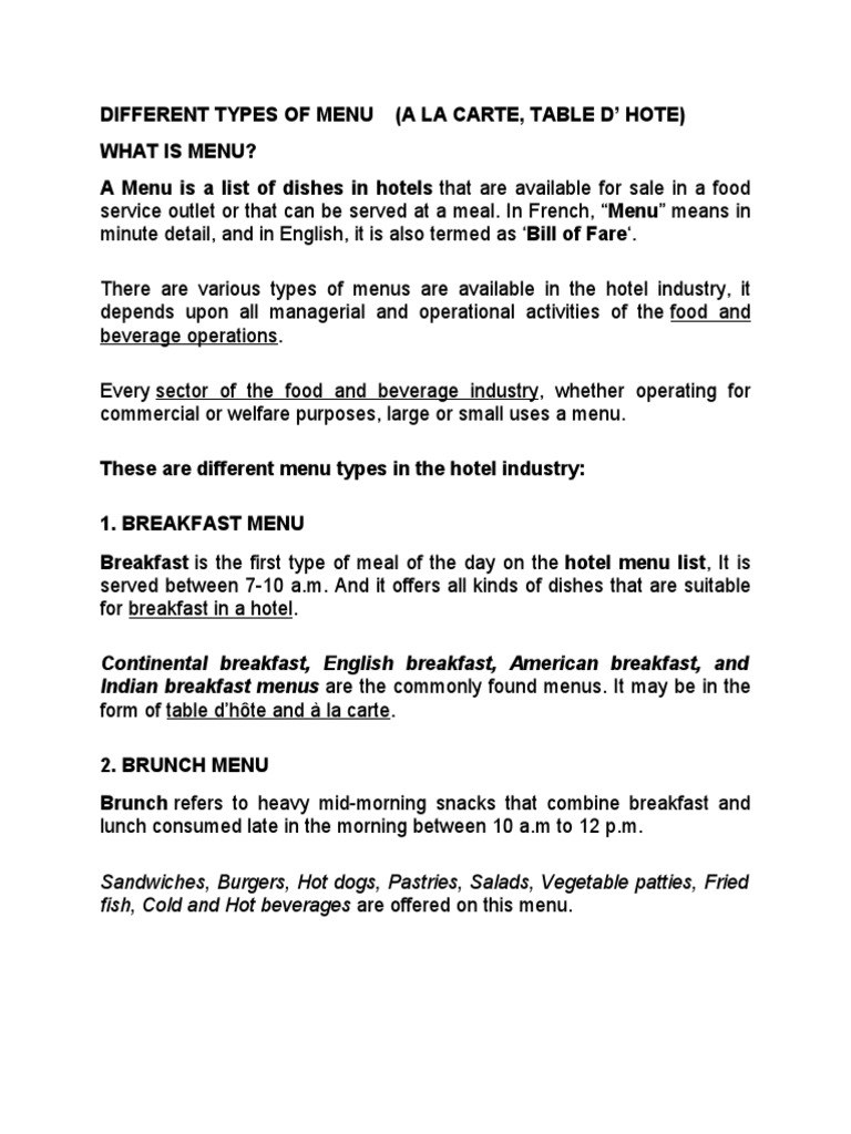 Different Types of Menu FBS | PDF | Menu | Lunch