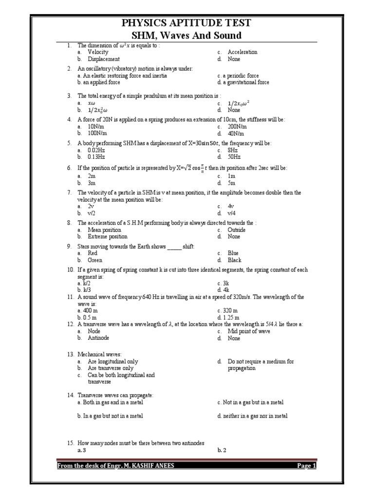 Physics Aptitude Test SHM, Waves and Sound: From The Desk of Engr. M ...