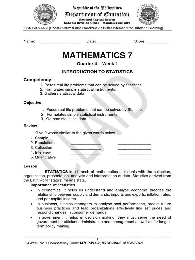 Introduction to Statistics for Grade 7 | PDF | Statistics | Survey ...