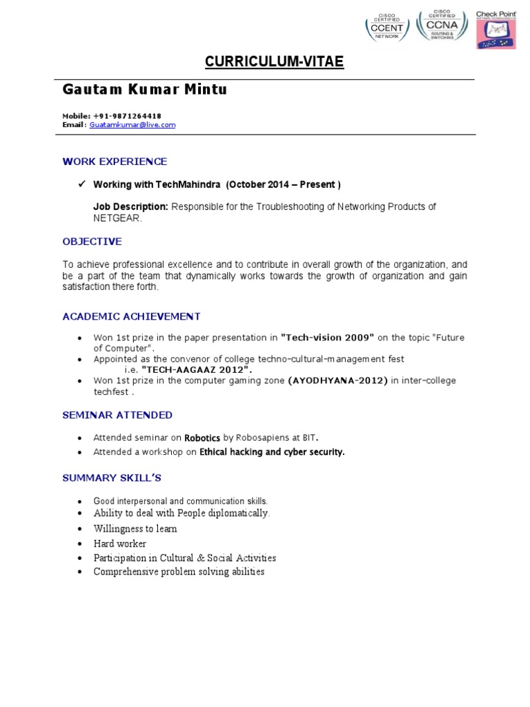 Curriculum-Vitae Gautam Kumar Mintu: Work Experience | PDF | Cisco Certifications