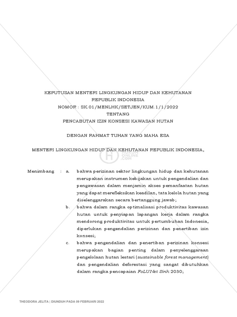 Kepmen LHK Sk01menlhksetjenkum112022 2022 | PDF