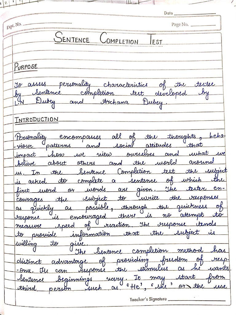 Sentence Completion Test psychology exp | PDF