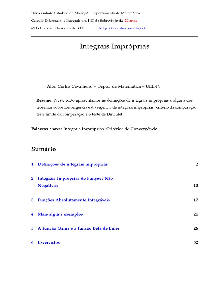 Integrais Impróprias: Definições e Exemplos | PDF | Integrante | Limite ...
