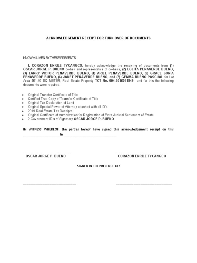 Buenos Acknowledgement Receipt For Turn Over of Documents | PDF ...