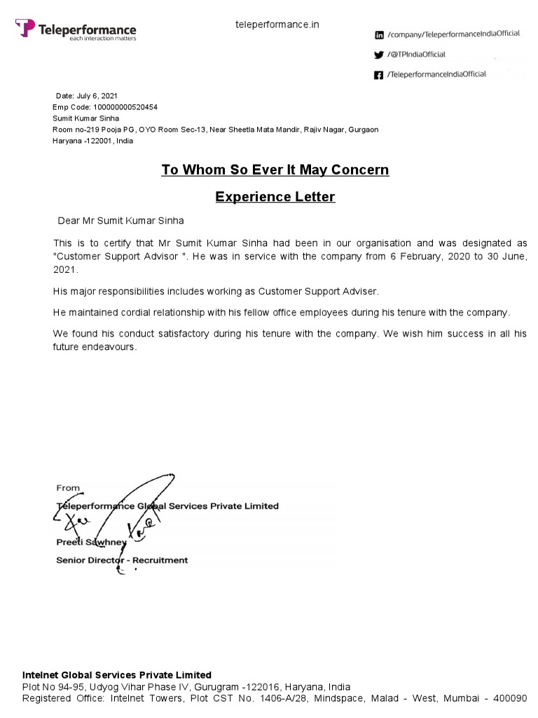 Teleperformance Experience Letter | PDF