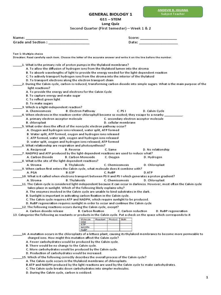 GENERAL BIOLOGY 1 LONG QUIZ q2 w1n2 | PDF | Cellular Processes | Chemistry