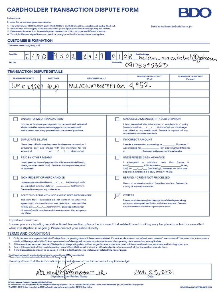 Cardholder Transaction Dispute Form: Customer Information | Download ...