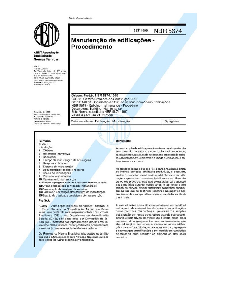 NBR 5674-99 Manutenção de Edificações - Procedimento | PDF