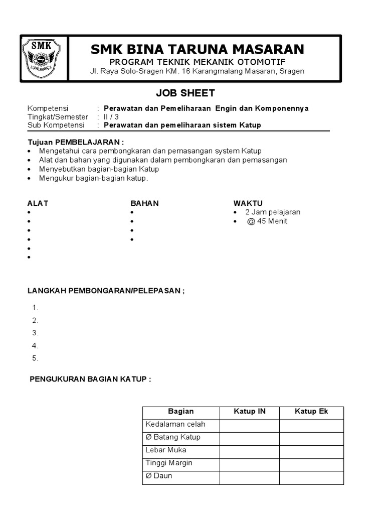Contoh JOB SHEET Pendingin Dan Katup | PDF