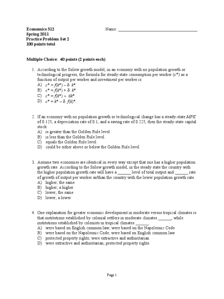 2011 Spring - Econ 312 - Practice Problem Set 2 | PDF | Economic Equilibrium | Phillips Curve
