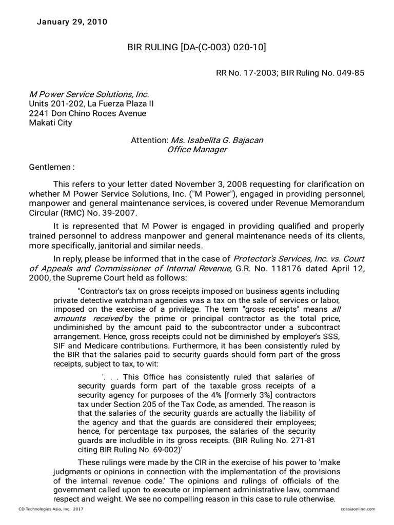 BIR Ruling (DA - (C-003) 020-10) | PDF | Taxes | Internal Revenue Service