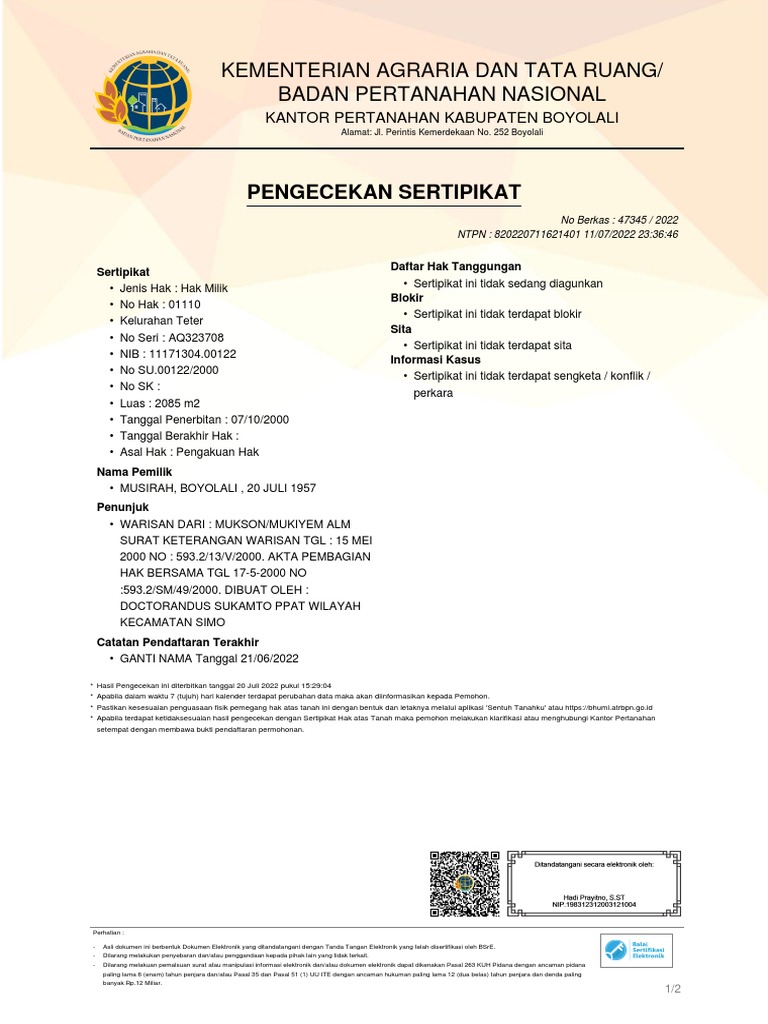 Pengecekan Sertipikat: Kementerian Agraria Dan Tata Ruang/ Badan Pertanahan Nasional | PDF
