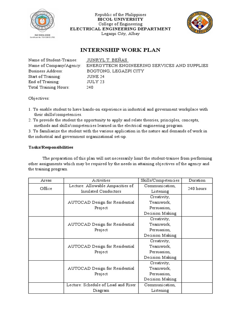 Internship Work Plan: Bicol University Electrical Engineering ...