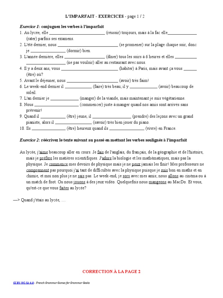 III1b02 Exercises Imparfait FGG | PDF