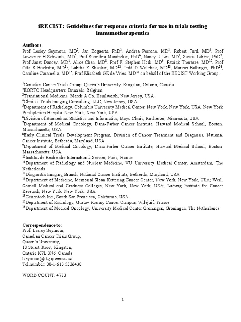 iRECIST: Guidelines For Response Criteria For Use in Trials Testing ...