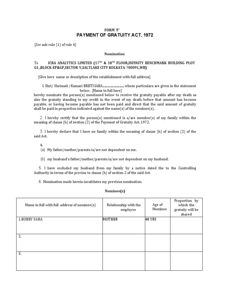 Payment of Gratuity Act, 1972: Form 'F' | PDF | Government | Justice