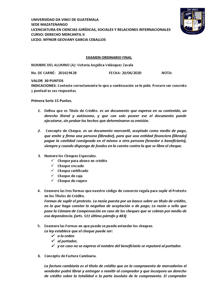 Examen Final Derecho Mercantil (Resuelto) | PDF | Cheque | Factura