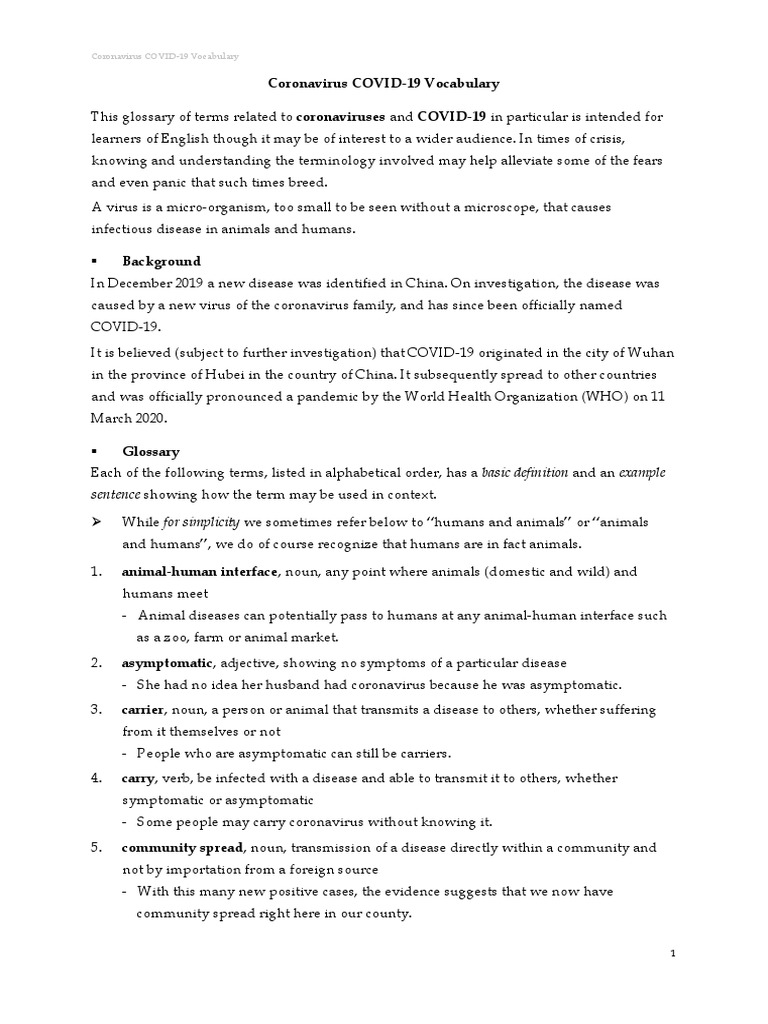 (COVID-19) Coronavirus COVID-19 Vocabulary | PDF | Infection ...
