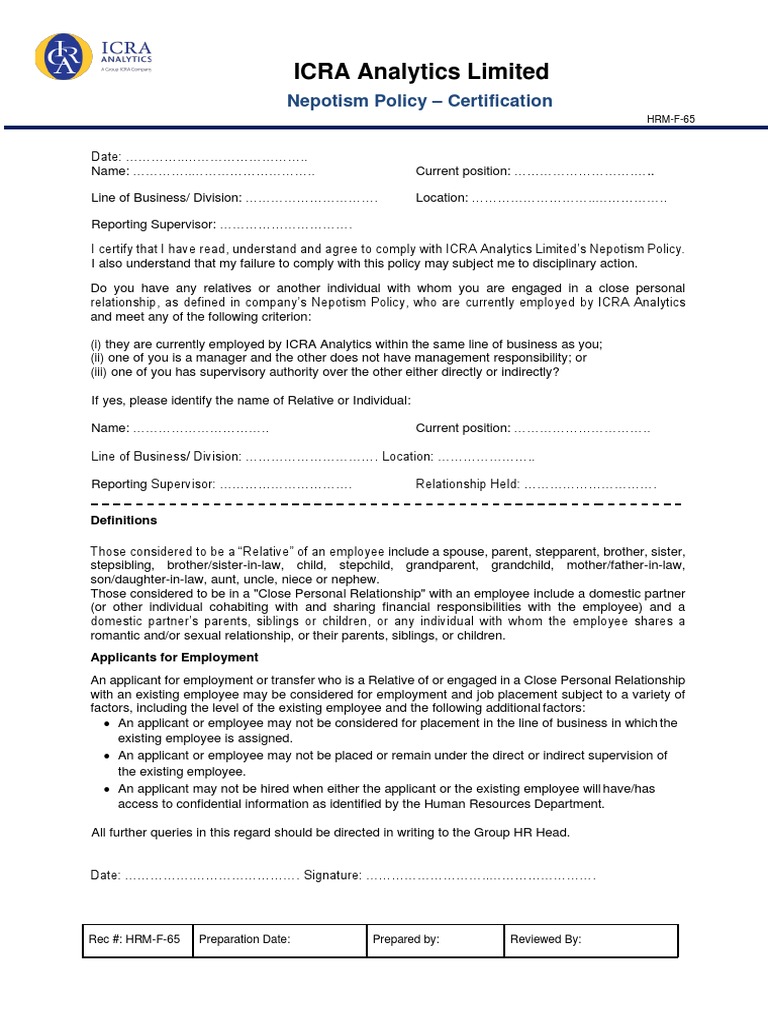 HRM-F-65 Nepotism Certificate | PDF | Stepfamily | Human Reproduction