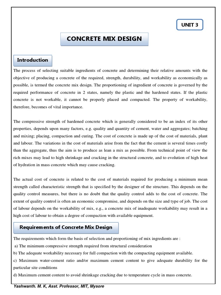 Concrete Mix Design: Unit 3 | PDF | Concrete | Cement