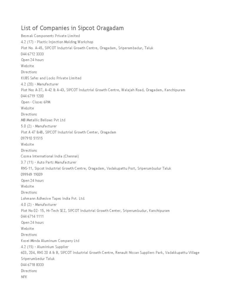 List of Companies in Sipcot Oragadam | PDF