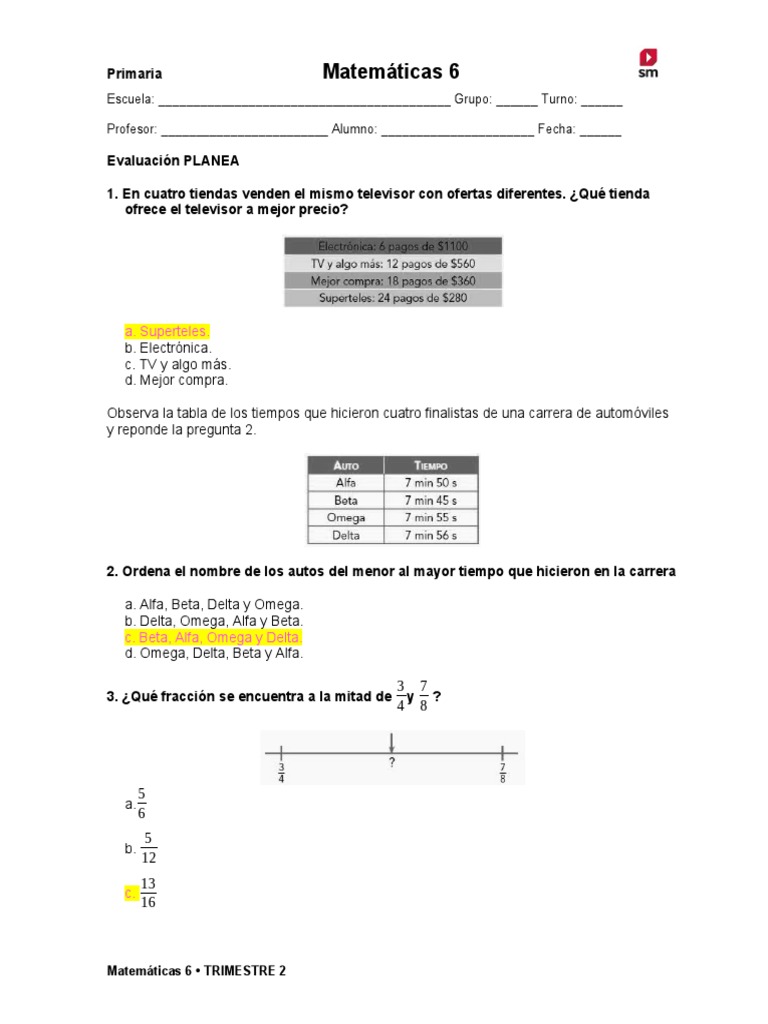 Examen Tipo PLANEA para Primaria Sexto Grado | PDF