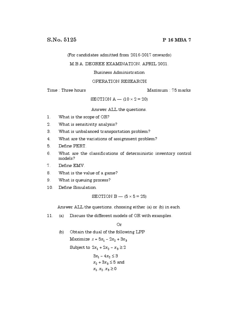 MBA Operations Research exam questions | PDF | Applied Mathematics ...