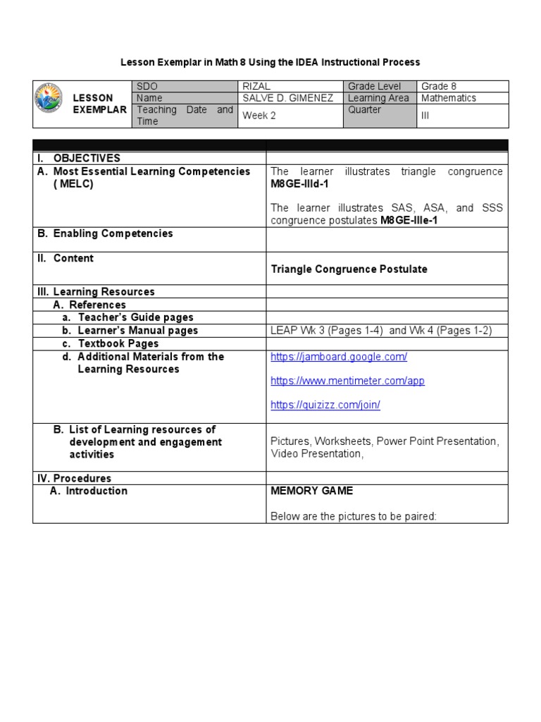 Lesson-Exemplar-in-Grade-8-Math-Qtr 3 Week-2 | PDF | Education Theory ...