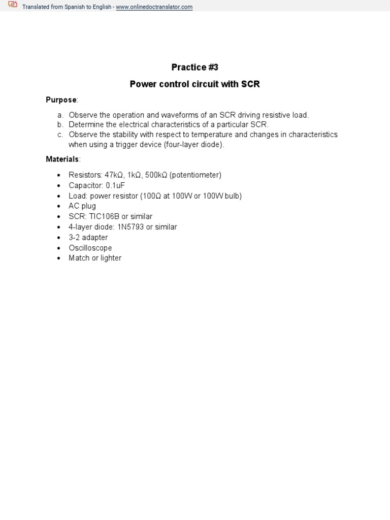 Practice #3 Power Control Circuit With SCR: Purpose | PDF | Resistor ...