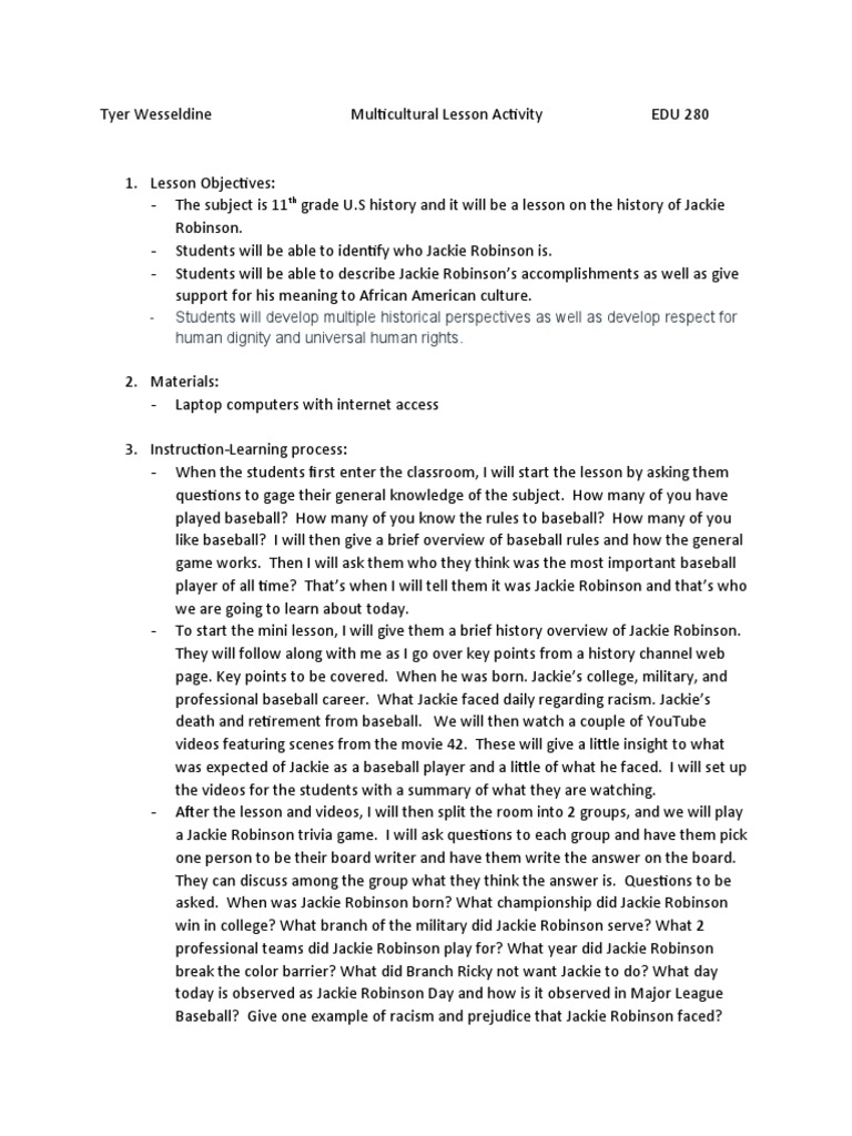 Edu 280 Multi Cultural Lesson Activity | PDF | Jackie Robinson | Cognition