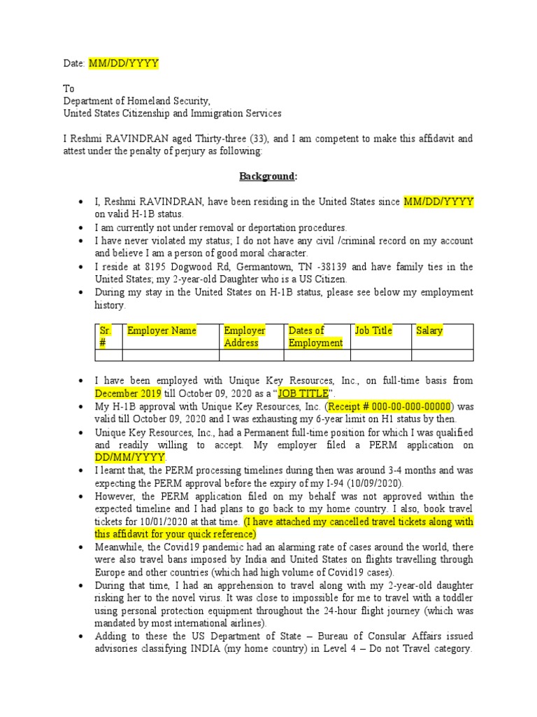 Beneficiary Affidavit For The RFE | PDF