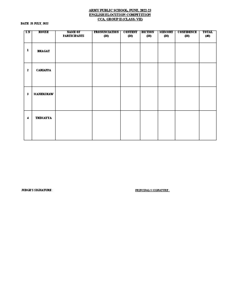 Elocution Competition Judgement Sheet | PDF