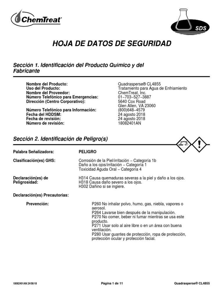 CL4855 Spanish SDS | PDF | Agua | Toxicología