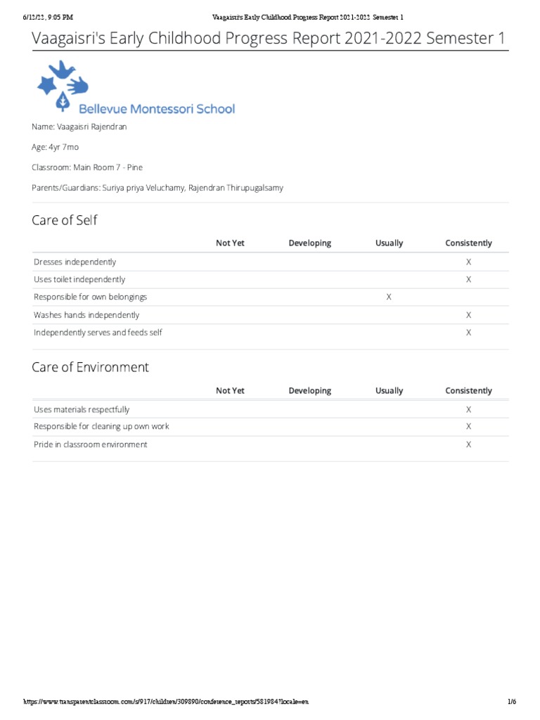 Early Childhood Progress Report 2021-2022 Semester 1 | PDF ...