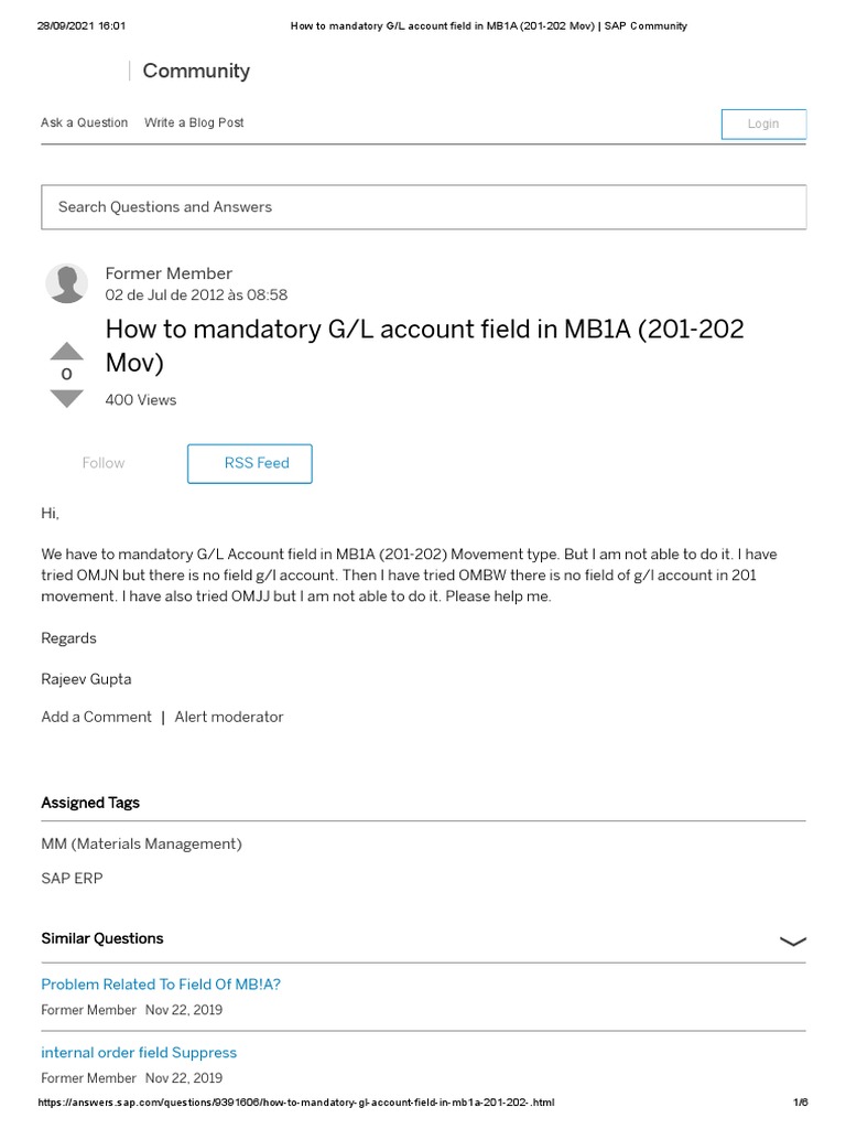 How To Mandatory G - L Account Field in MB1A (201-202 Mov) | PDF ...