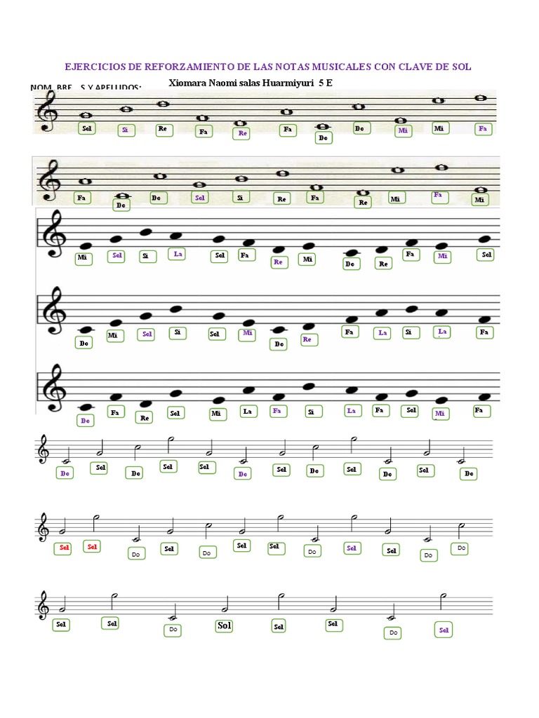 EJERCICIOS DE REFORZAMIENTO DE LAS NOTAS MUSICALES CON CLAVE DE SOL | PDF | Clave ...