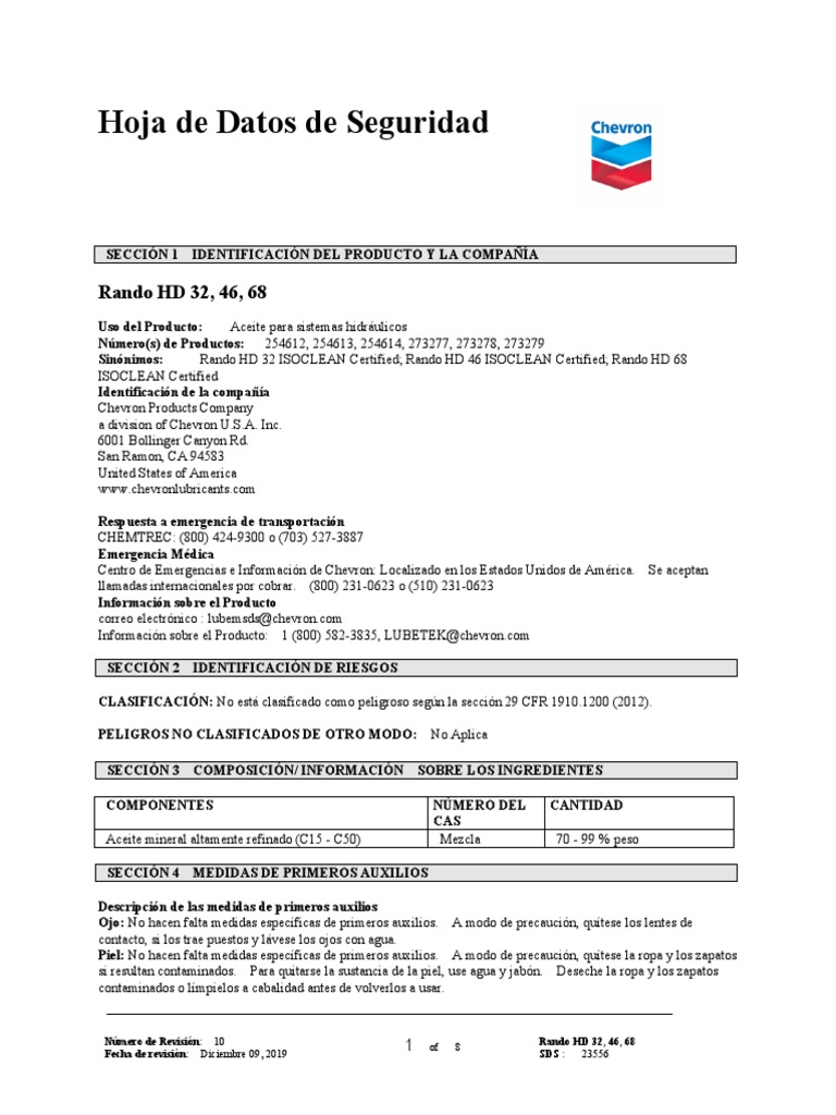 MSDS Aceite Hidraulico Rando HD32,46,68 | PDF | Toxicidad | Solubilidad