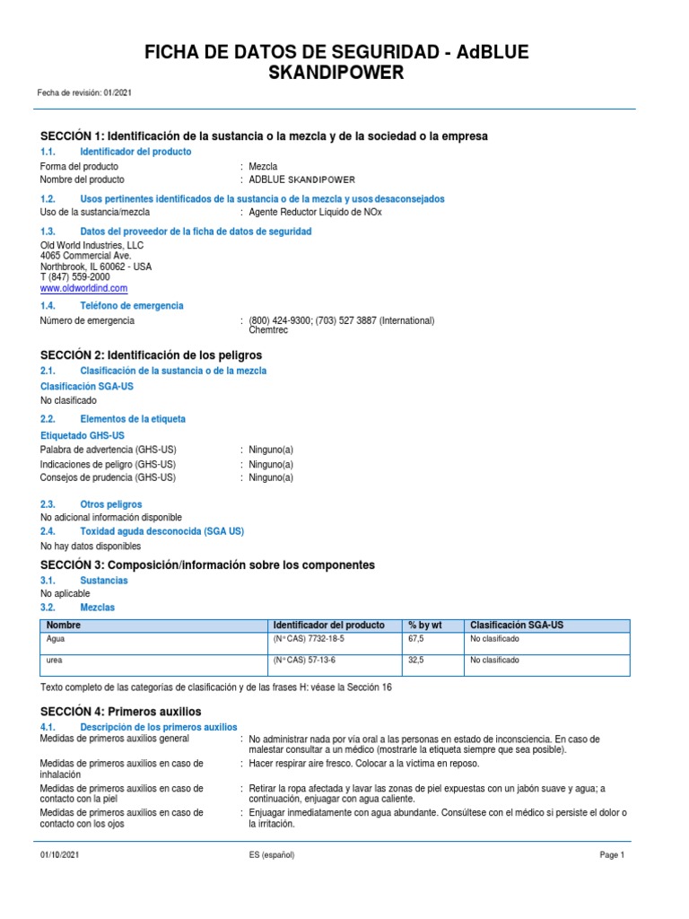 MSDS ADBLUE Skandipower | PDF | Agua | Residuos
