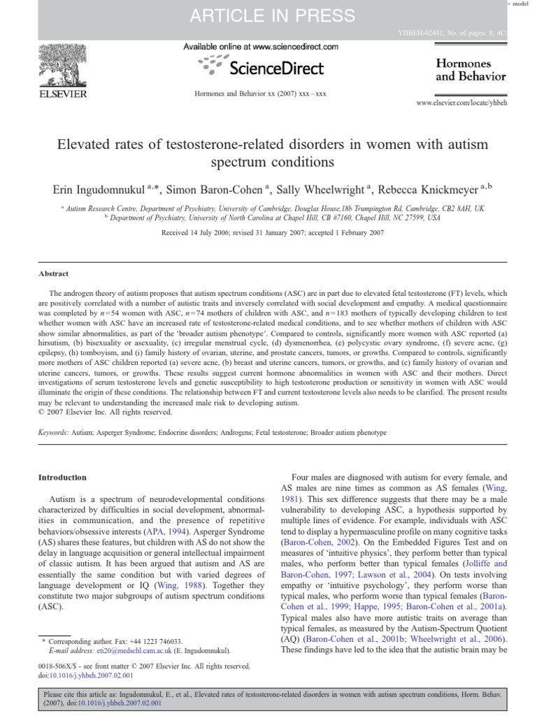 Elevated Rates of Testosterone-Related Disorders in Women With Autism ...