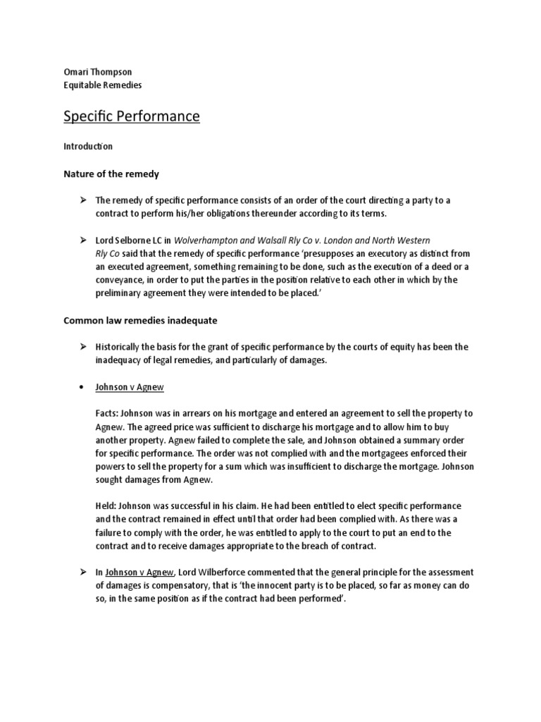 Specific Performance: Nature of The Remedy | PDF | Specific Performance ...