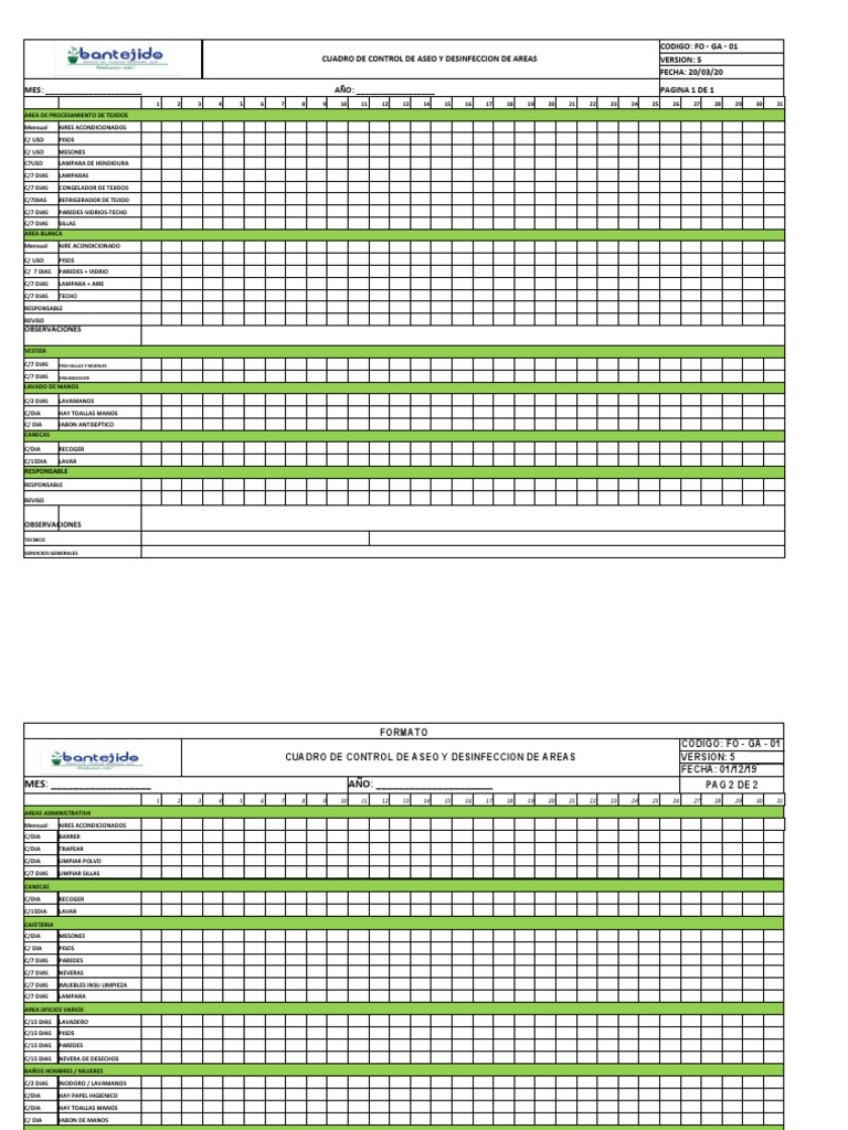 Fo-Ga-01 Cuadro de Control de Aseo y Desinfección de Áreas | PDF